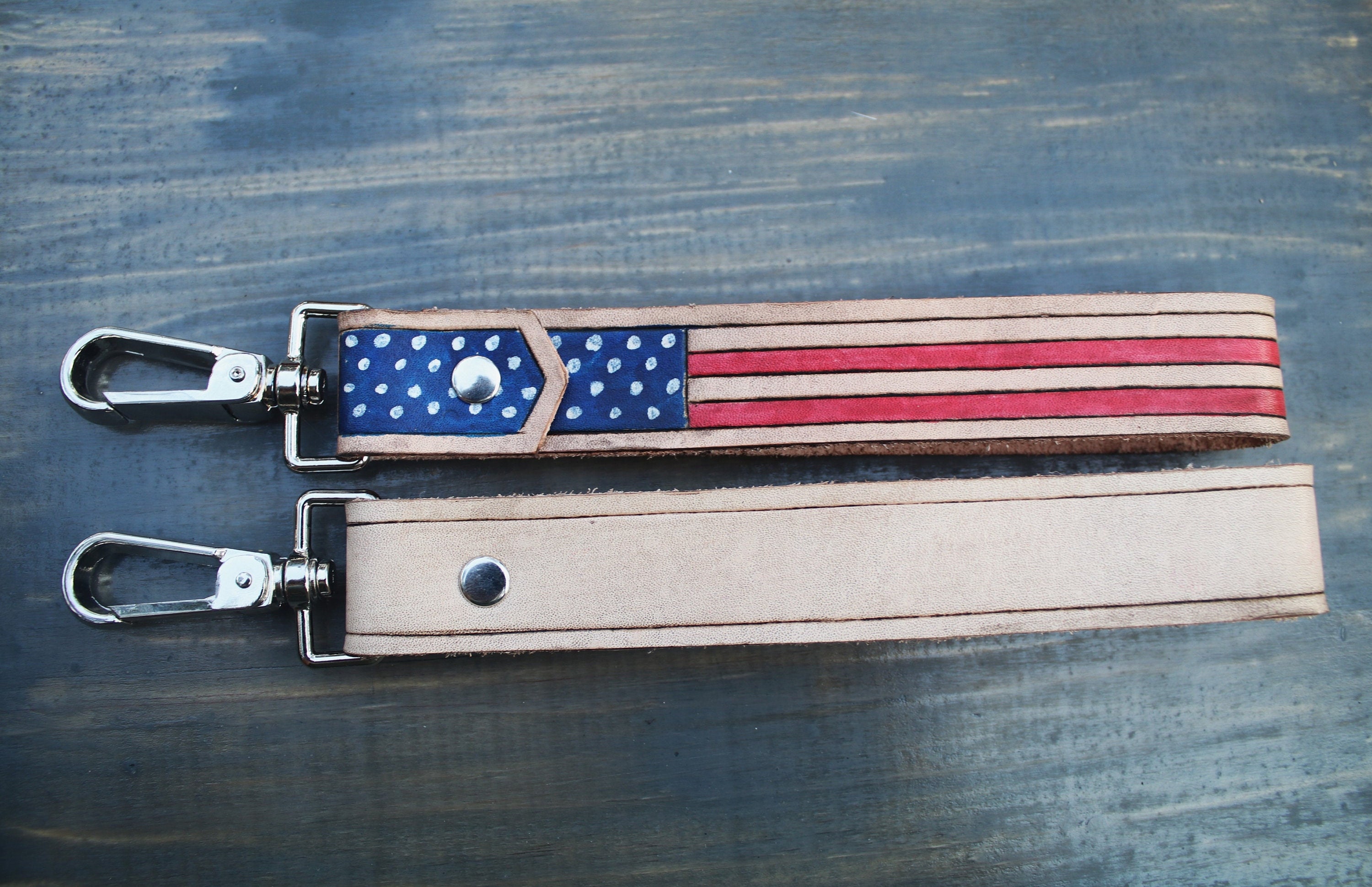 Leather Clasp Lanyard, American Flag Wristlet, Handmade Leather ...