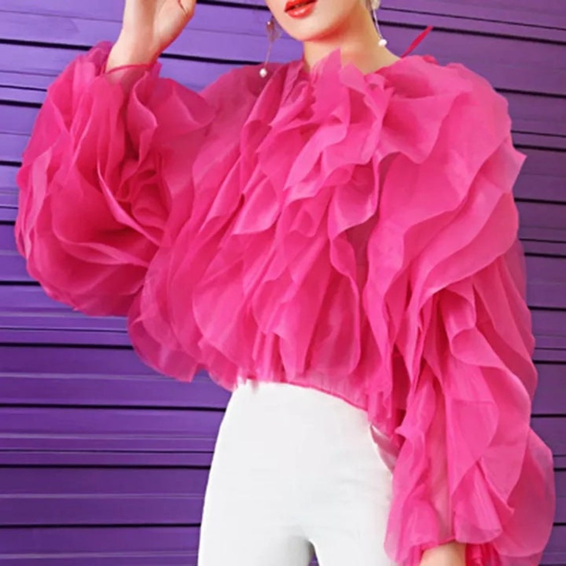 Ruffle Tulle Top, Pink Tulle Top, Asymmetry Top, Tiered Blouse, Fuschia ...