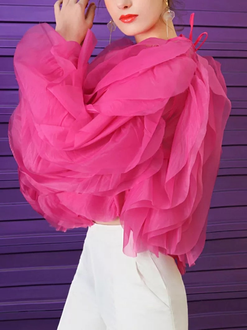 Ruffle Tulle Top, Pink Tulle Top, Asymmetry Top, Tiered Blouse, Fuschia ...