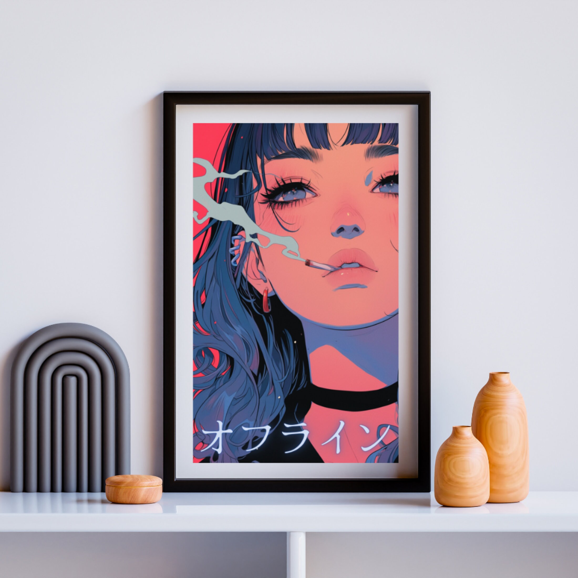 Offline Vaporwave Matte/satin Anime Poster, Kanji Wall Art, Retro ...
