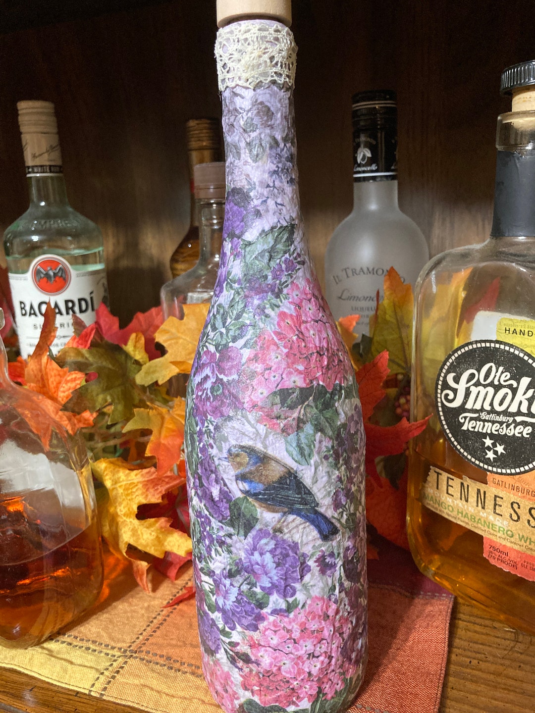 Wine Bottle Purple Flowers and Birds Collectors Bottle Repurposed. - Etsy