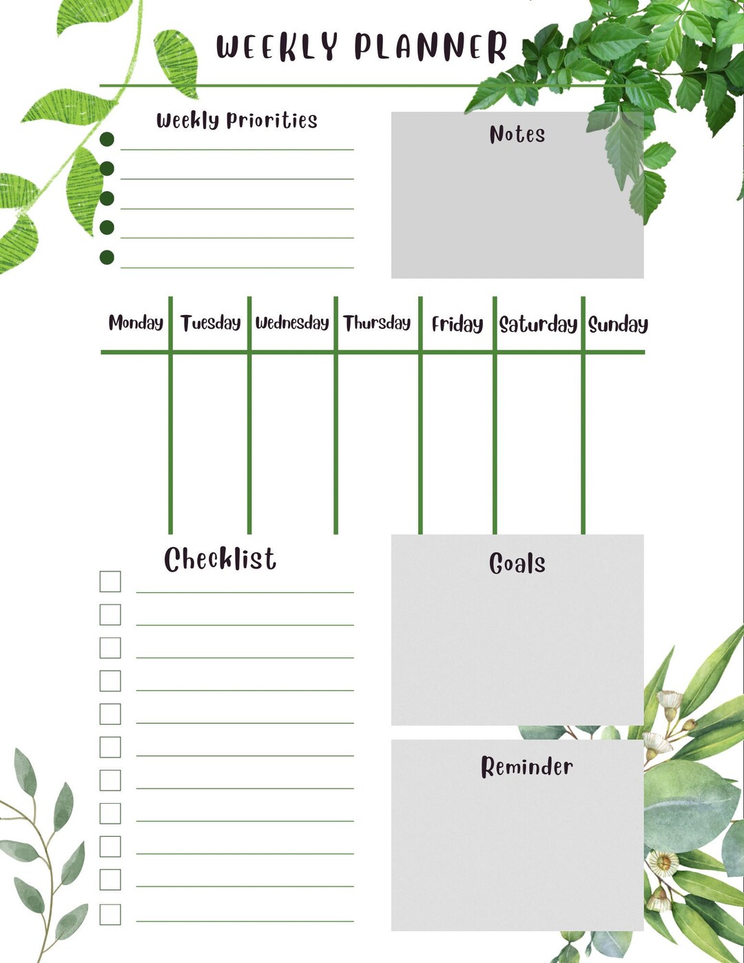 Green Weekly Planner - Etsy