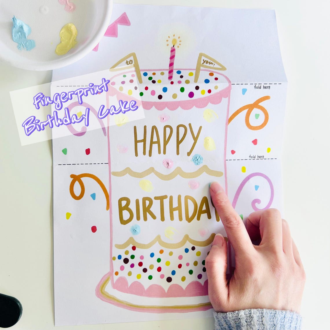 Printable Birthday Cake Card: Coloring & Fingerprint DIY (digital ...