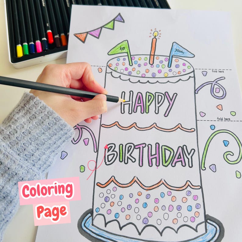 Printable Birthday Cake Card: Coloring & Fingerprint DIY (digital ...