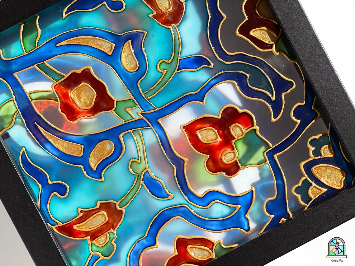 Floral Eslimi Tile Pattern: Stained Glass Painting - Handmade Vibrant ...