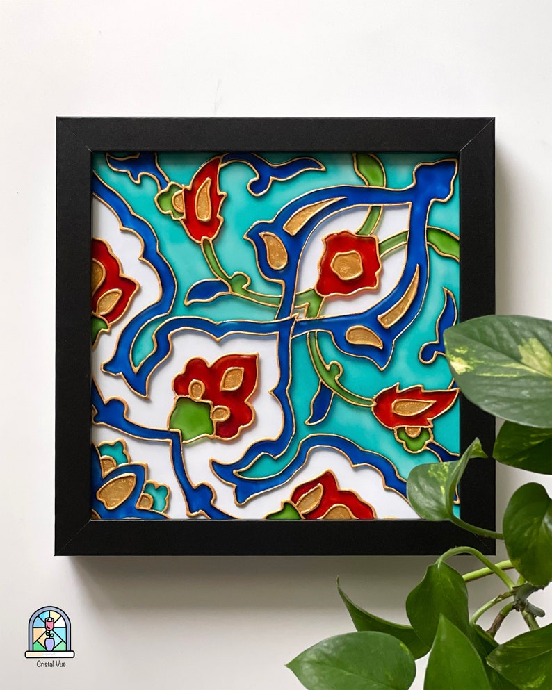 Floral Eslimi Tile Pattern: Stained Glass Painting - Handmade Vibrant ...