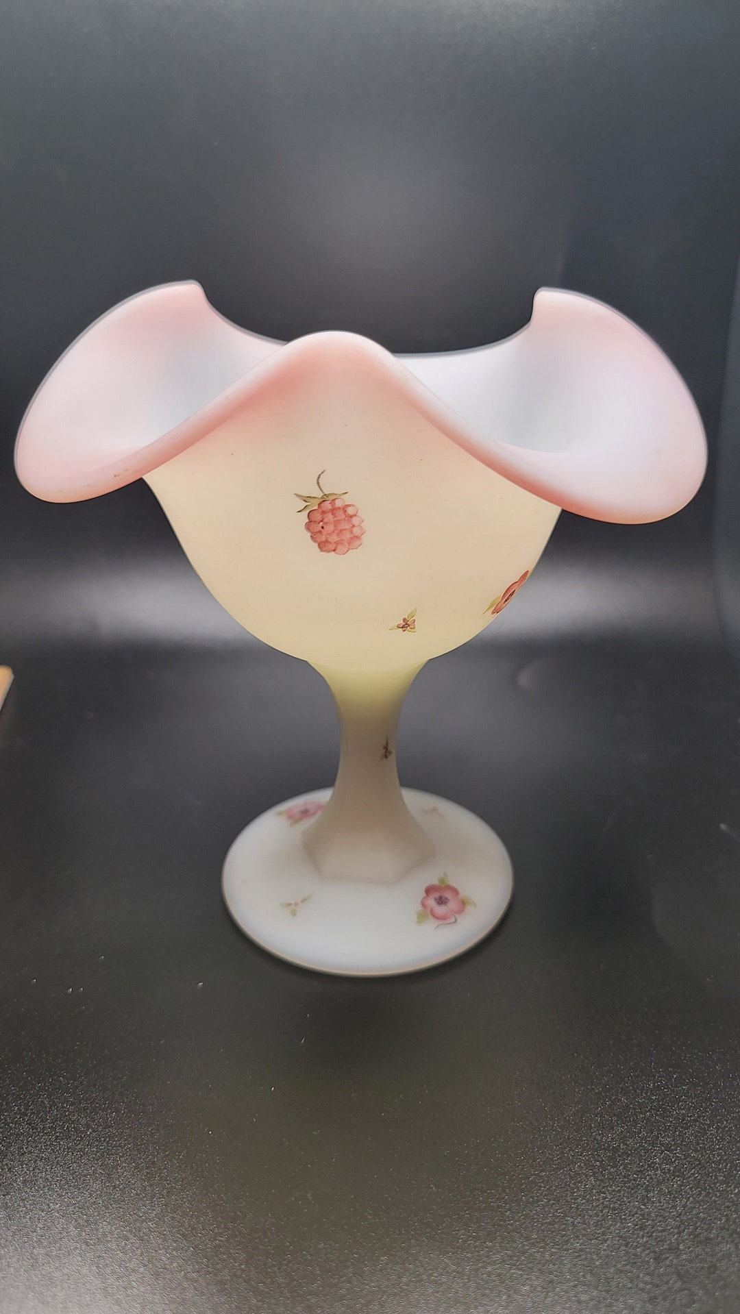 Vintage Fenton Pink Satin Glass Signed Compote - Raspberries and ...