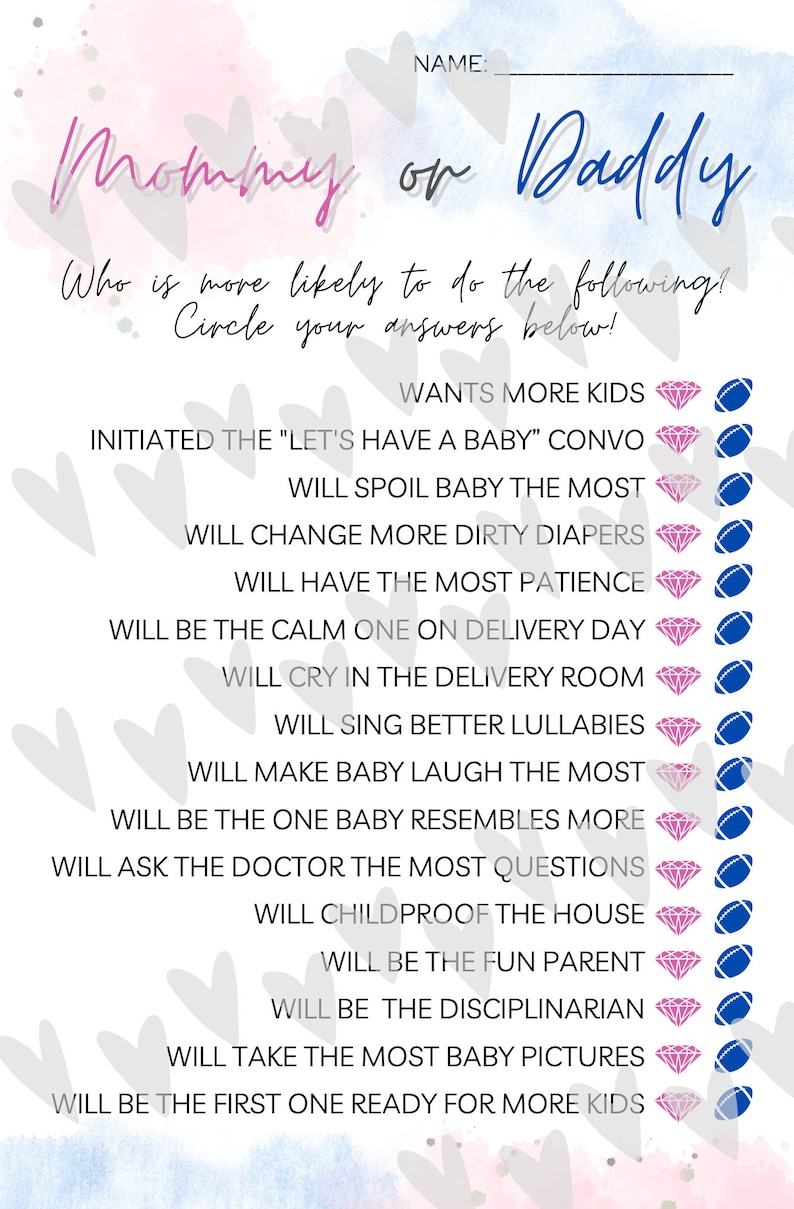 Mom or Dad, Who's More Likely, Questionnaire Game for Gender Reveal or ...