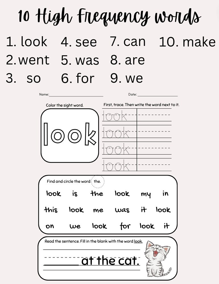 10 High Frequency Sight Word Worksheets (pack 2) - Etsy