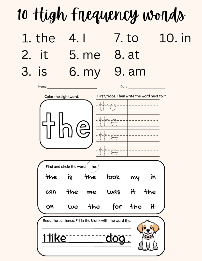 10 High Frequency Sight Word Worksheets pack 1 - Etsy Australia