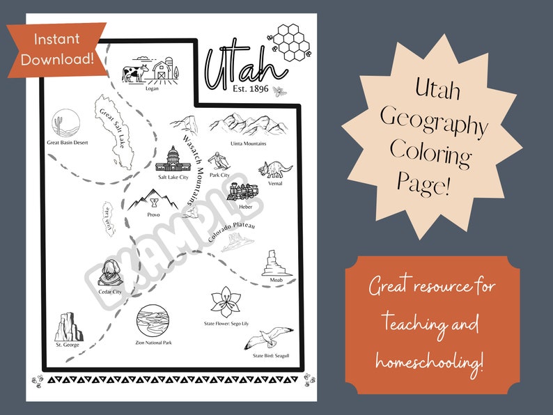 Utah Geography Coloring Page & Poster for Teachers (digital Download ...