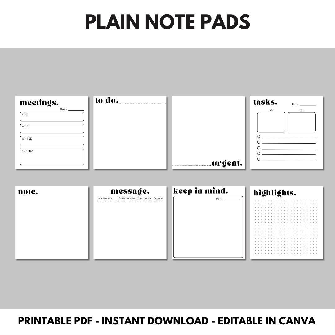 8 Minimalist Styles Printable Plain Notepads Editable Canva Template ...