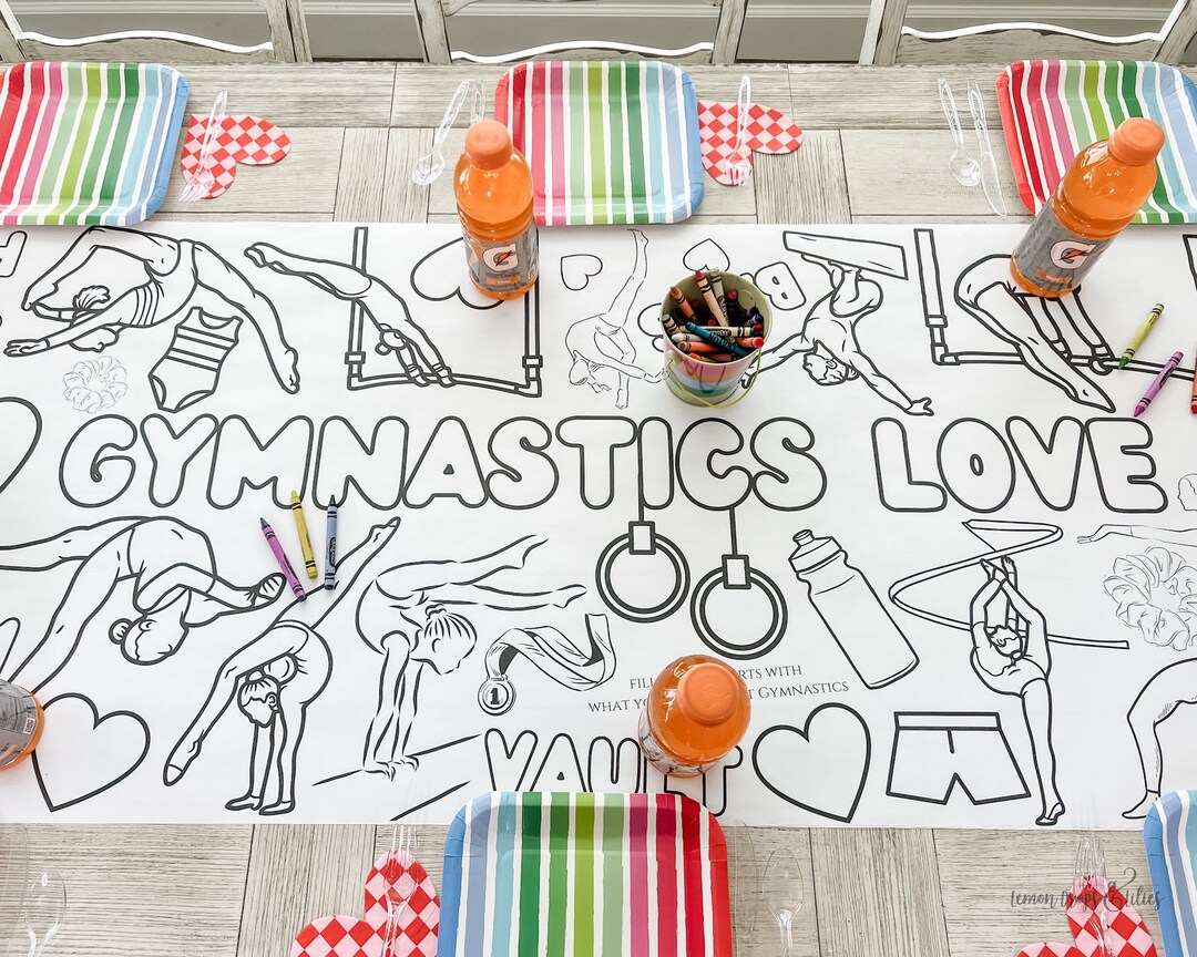 Girls Gymnastics Birthday Party, Coloring Table Runner, Coloring Banner ...