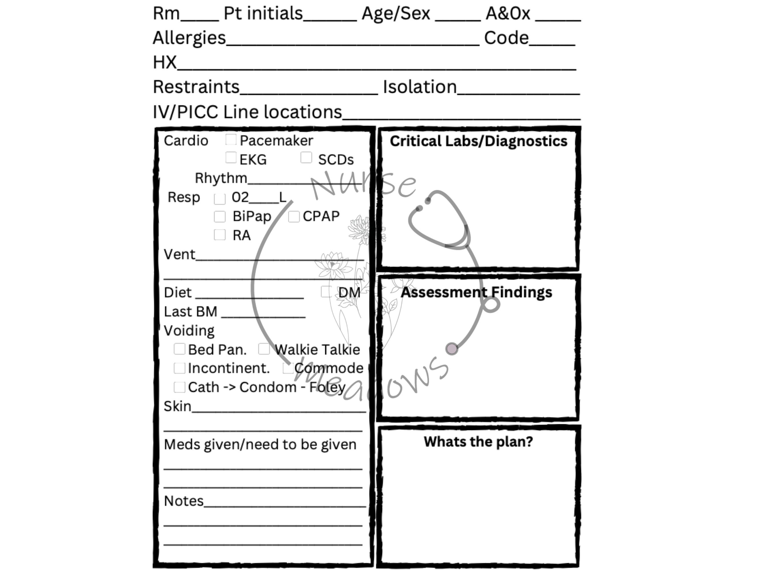 Nurse Report Sheet, Brain Sheet, Organizational Tool for Nurses ...
