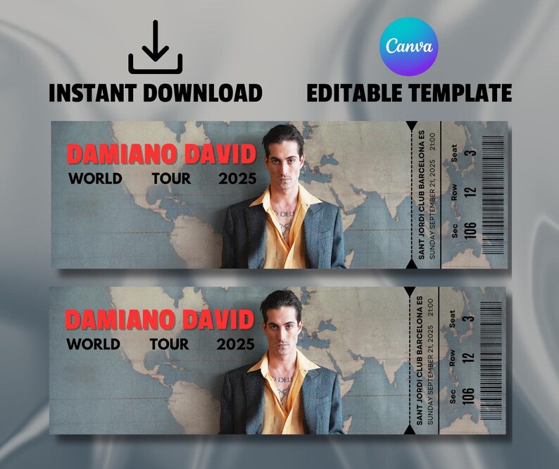 Damiano David World Tour 2025 Ticket: Customizable Canva Template ...