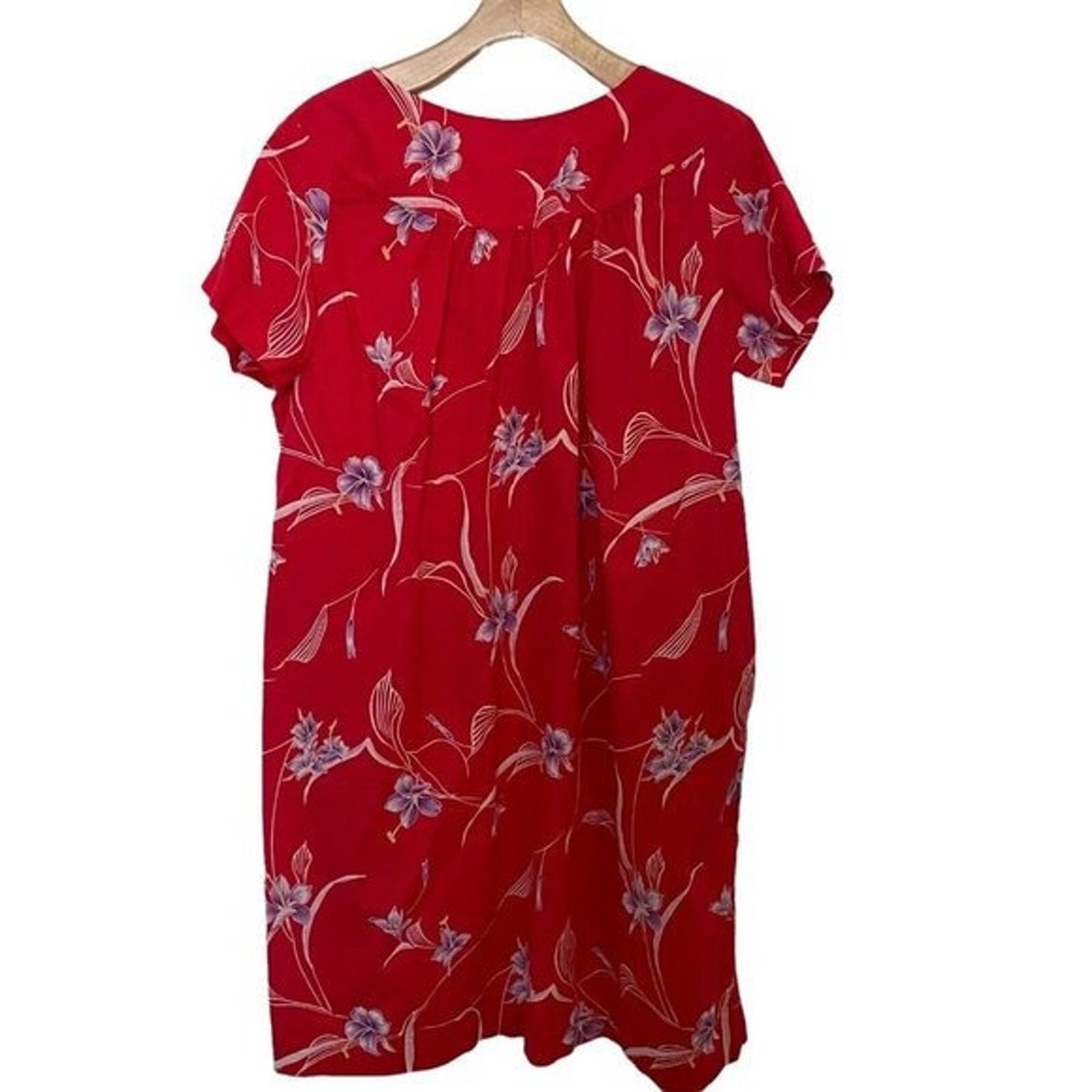 Vintage 70s Hawaiian Red Purple Floral Mumu Lounge Dress Cotton ...