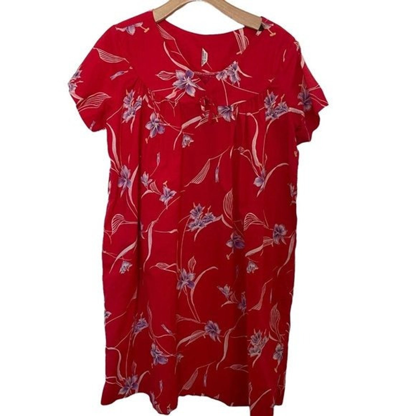 Vintage 70s Hawaiian Red Purple Floral Mumu Lounge Dress Cotton ...