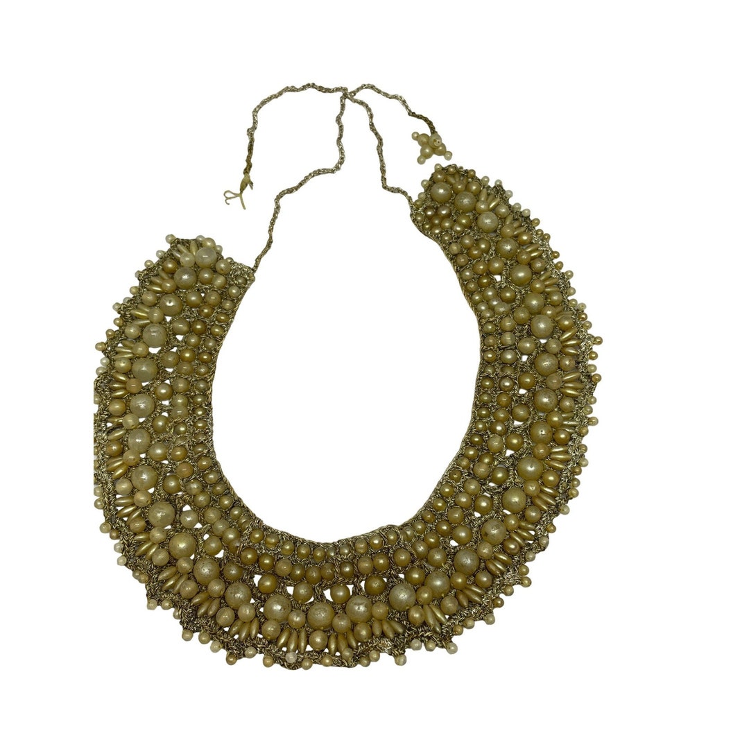 Vintage 50s Handmade Japan Collar Necklace Faux Pearl Bib Gold Tone ...