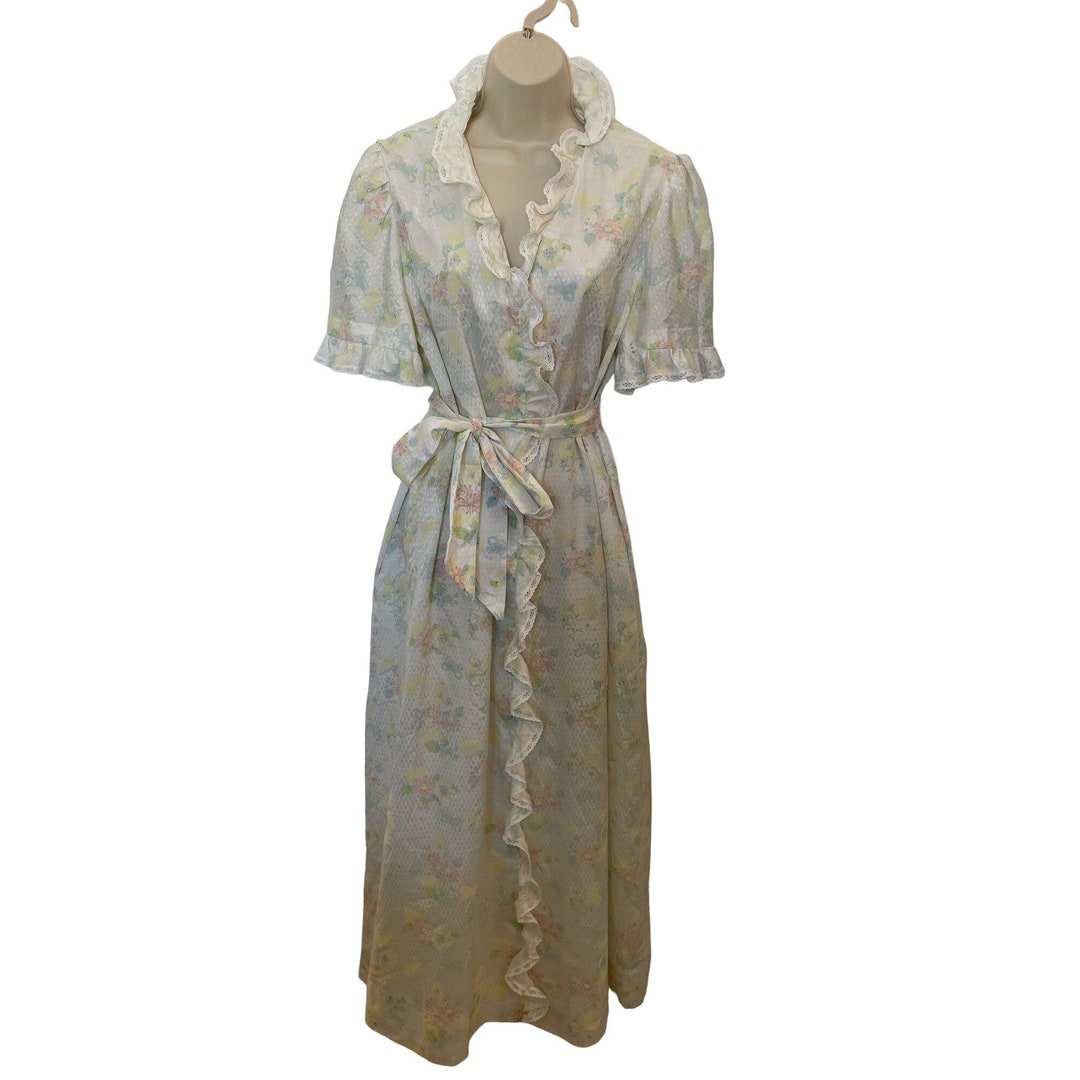 Vintage 80s Twilight White Floral Robe Ruffle Lace Trim Belt USA Full ...