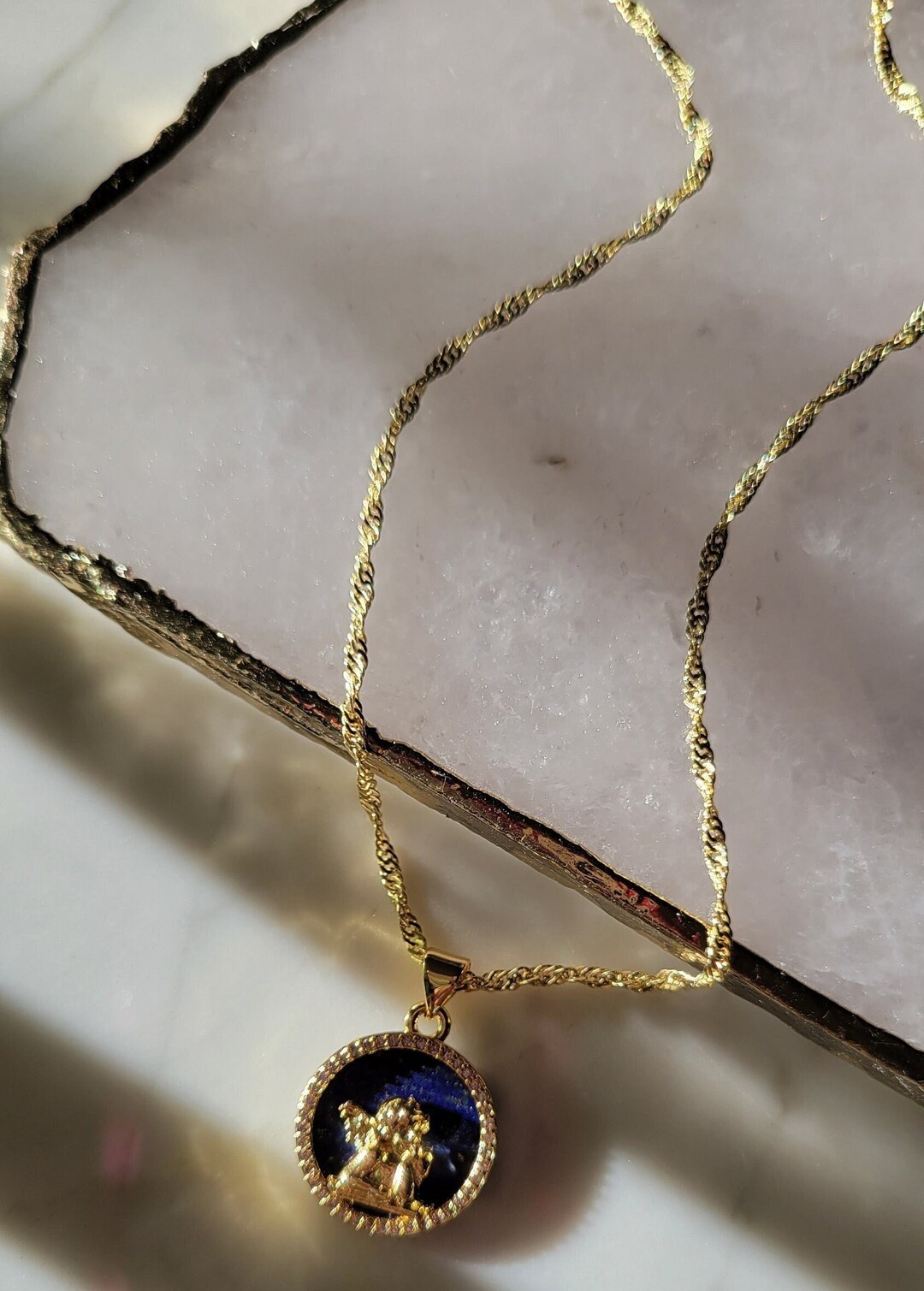 Lapis Cherub Gold Filled Coin Necklace Angel Medallion Protection ...