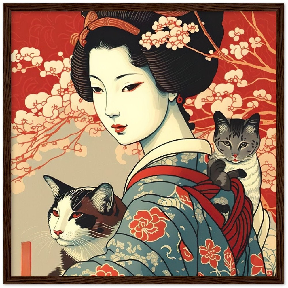 Geisha With Cats, Wall Art, Wooden Frame, Ukiyo-e, Ukiyo-e Art ...