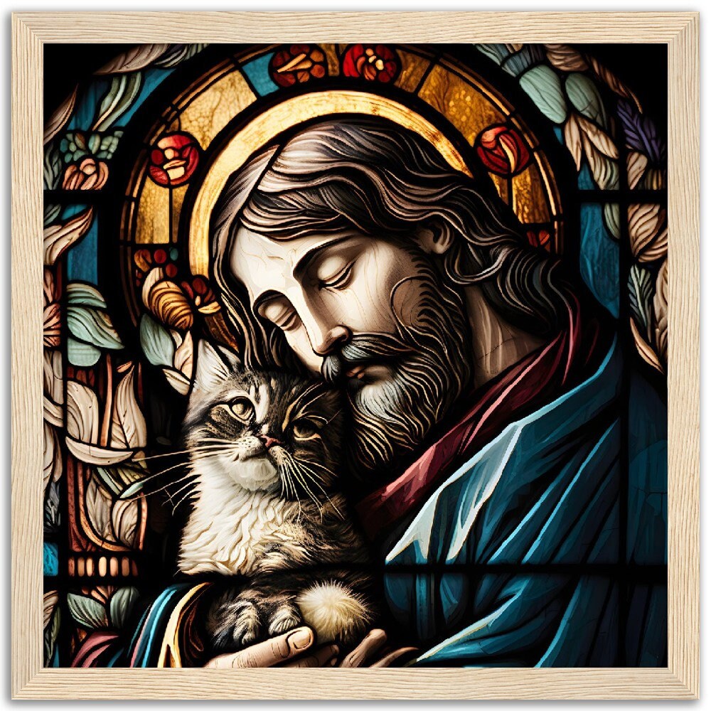 Jesus and Cat on Stained Glass, Wall Art, Wall Decor, Cat Gifts ...
