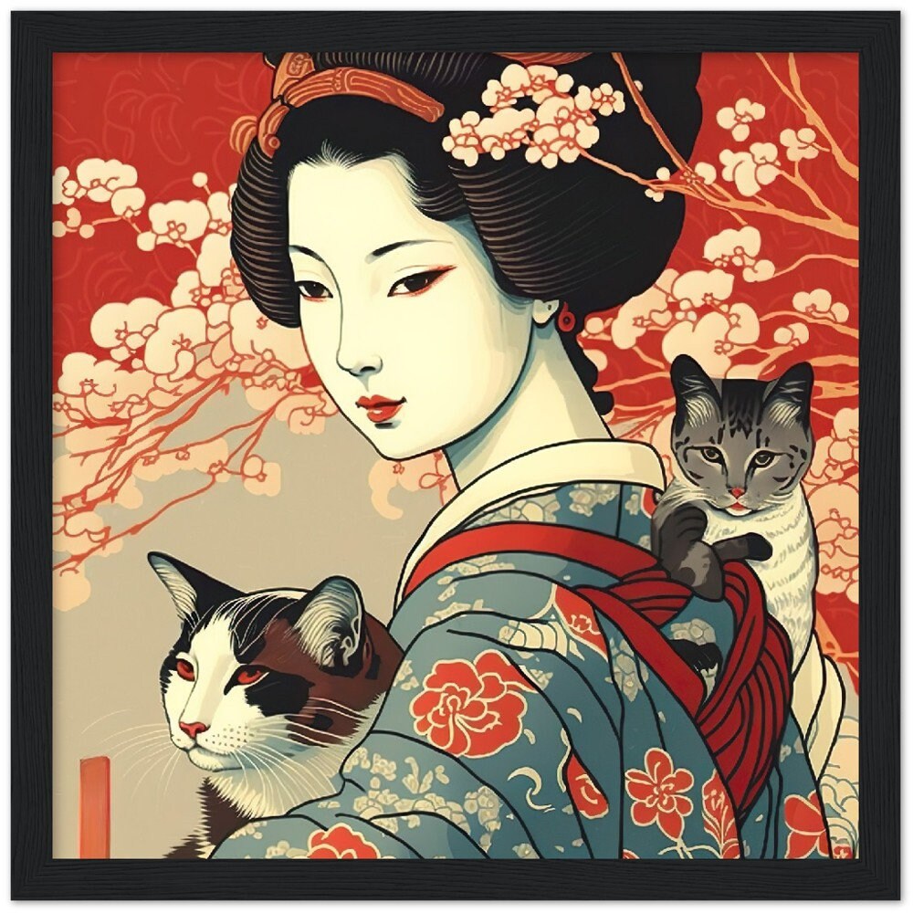 Geisha With Cats, Wall Art, Wooden Frame, Ukiyo-e, Ukiyo-e Art ...