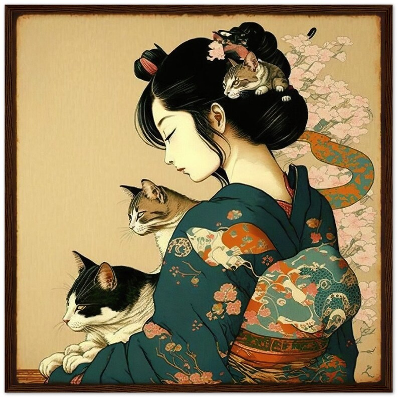 Geisha With Cats Wall Art Wooden Frame Ukiyo-e Ukiyo-e - Etsy