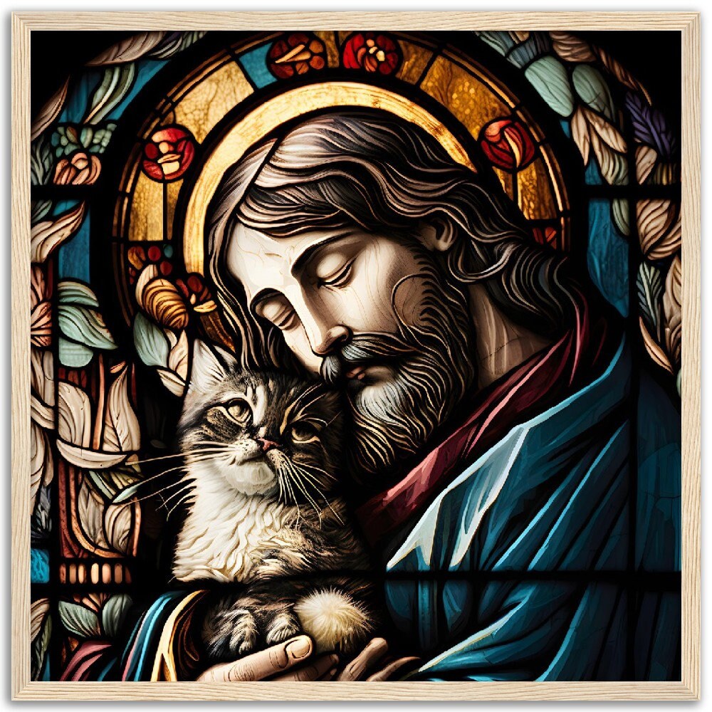 Jesus and Cat on Stained Glass, Wall Art, Wall Decor, Cat Gifts ...