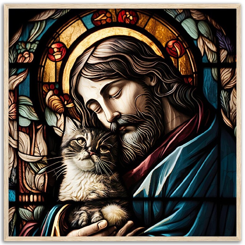 Jesus and Cat on Stained Glass, Wall Art, Wall Decor, Cat Gifts ...
