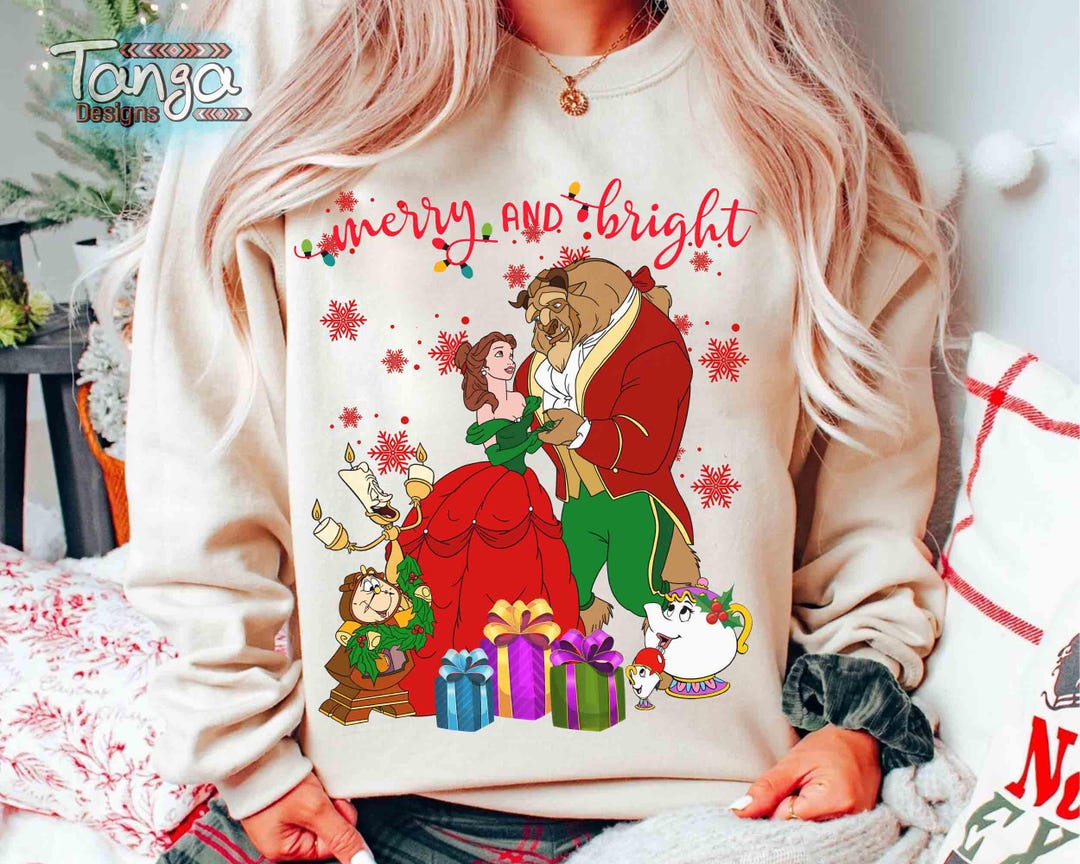 Merry and Bright Beauty and the Beast Characters Christmas T-shirt ...