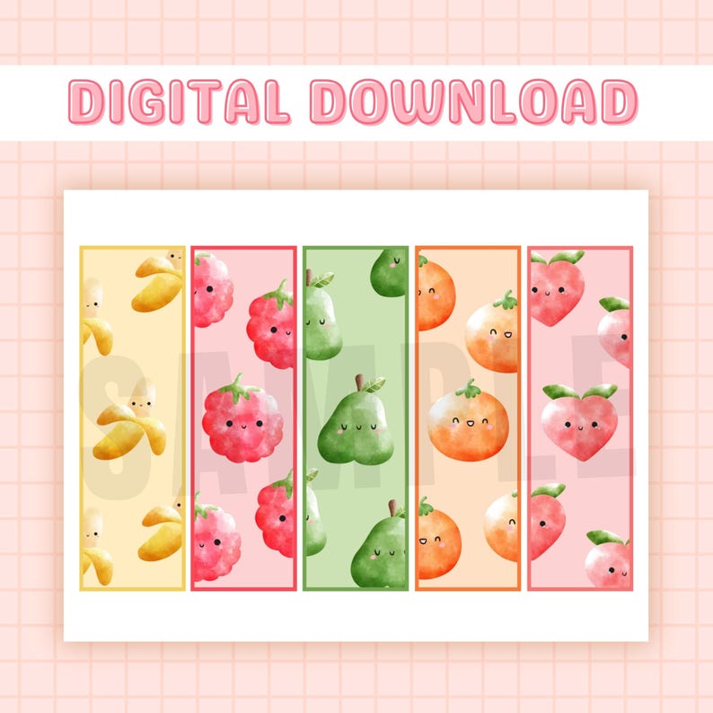 Kawaii Printable Fruits Bookmarks, 5 Bookmarks Digital Download, Kawaii ...