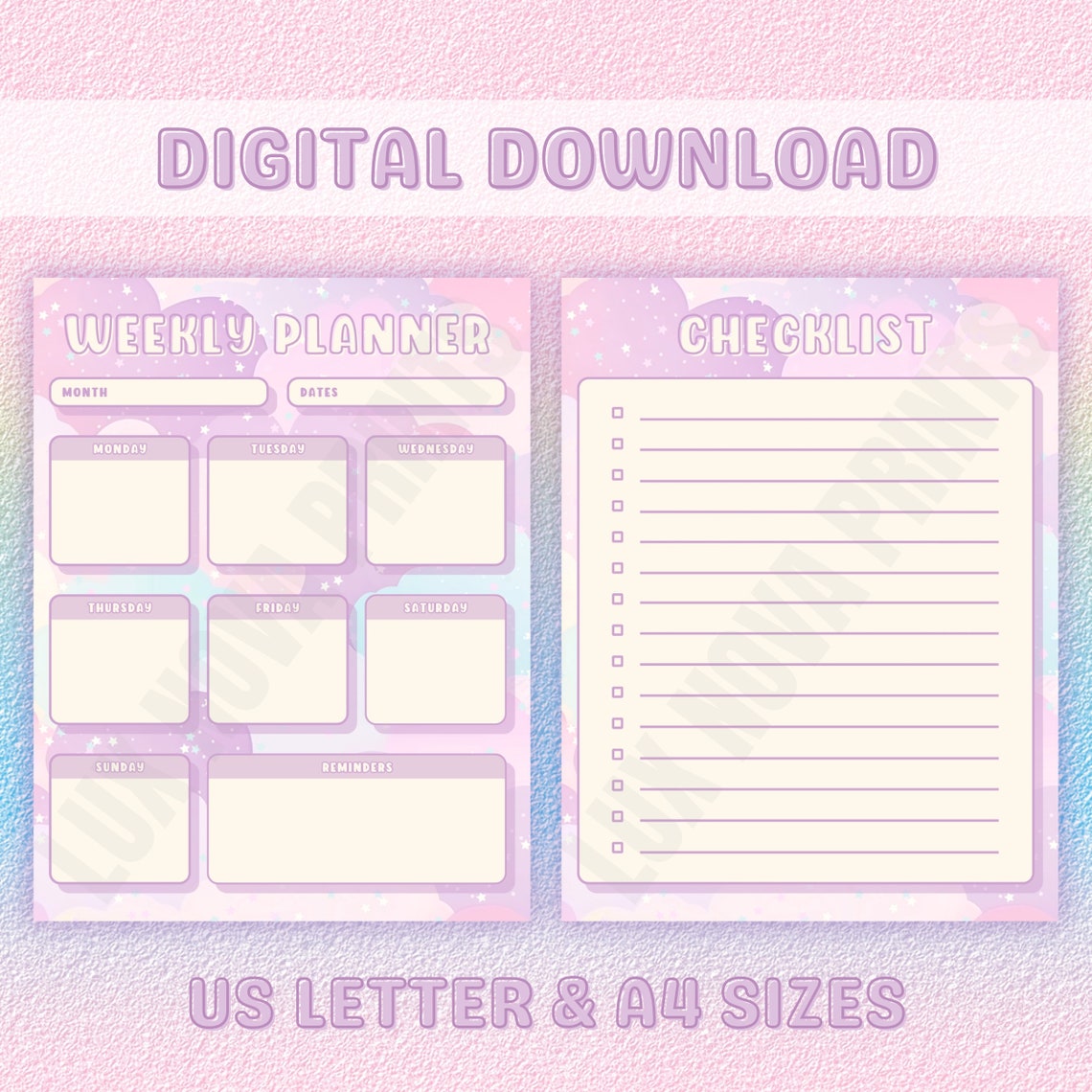 Purple Clouds Weekly Planner With Checklist, Stationery Printable ...