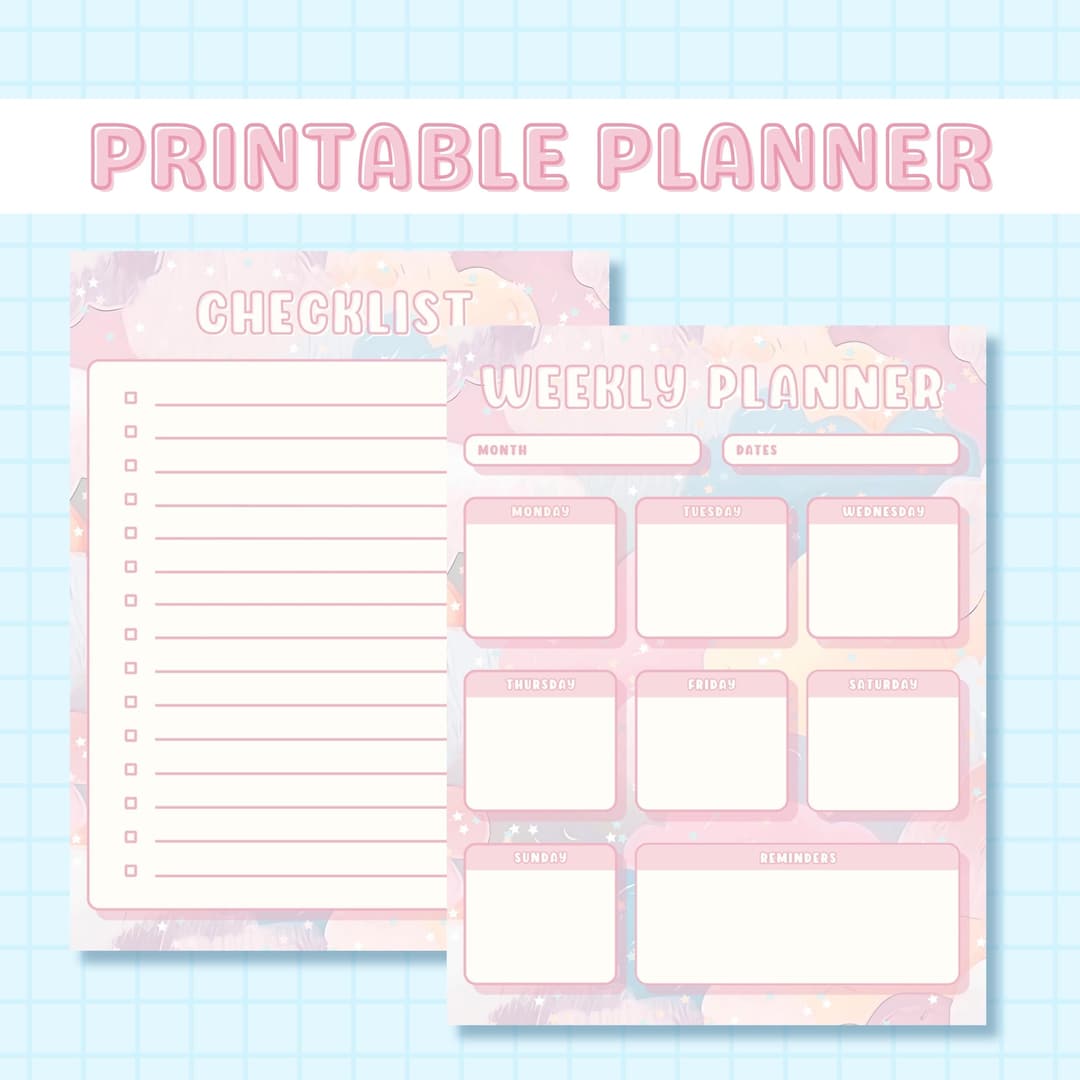 Pink Clouds Weekly Planner With Checklist, Stationery Printable, Kawaii ...