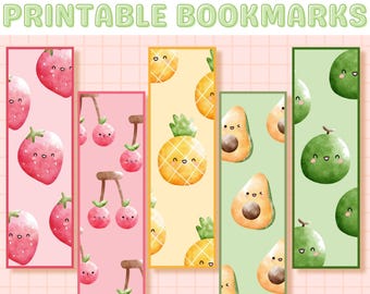 Kawaii Printable Bookmarks, 5 Fruits Bookmarks Digital Download, Kawaii ...
