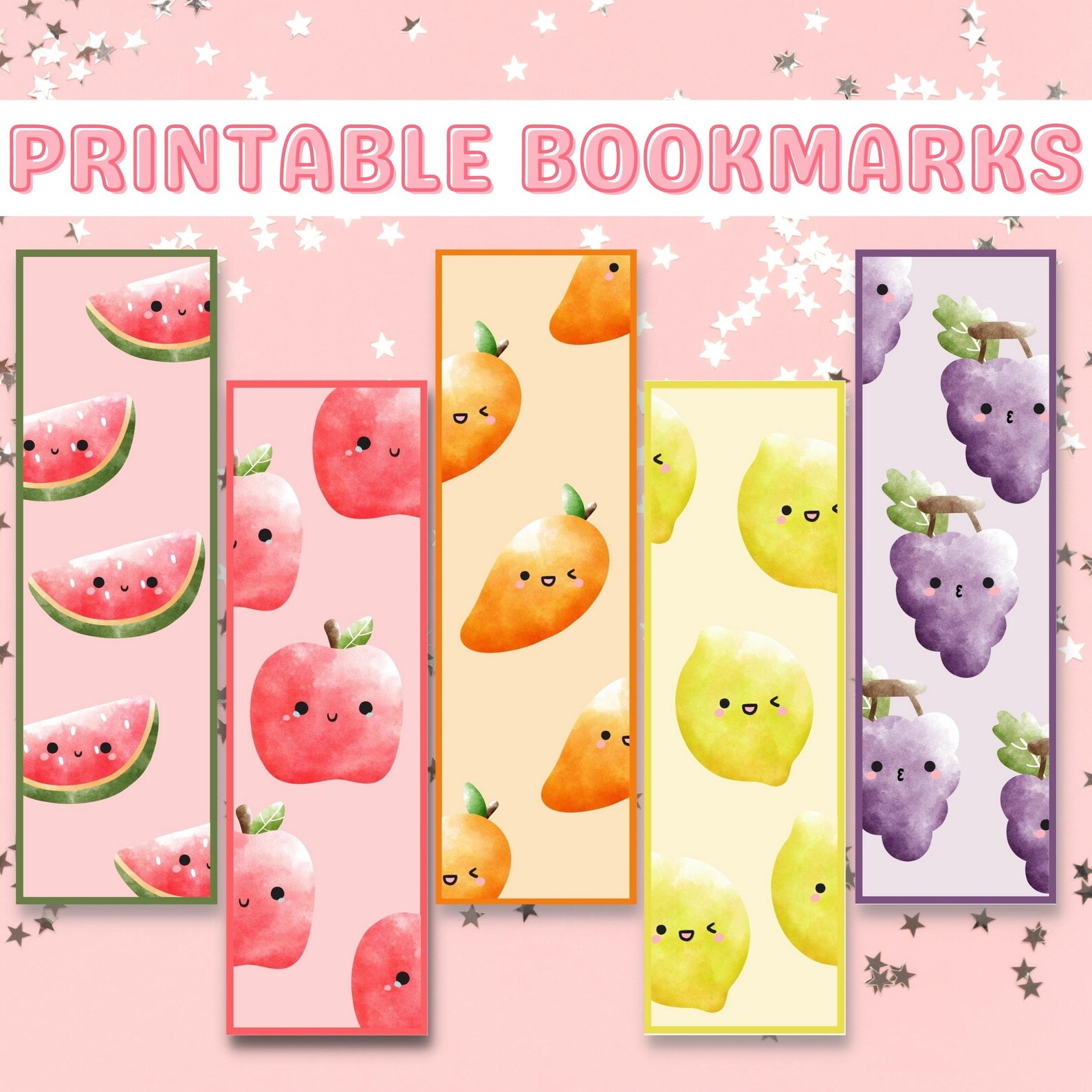 Kawaii Printable Bookmarks, 5 Fruits Bookmarks Digital Download, Kawaii ...