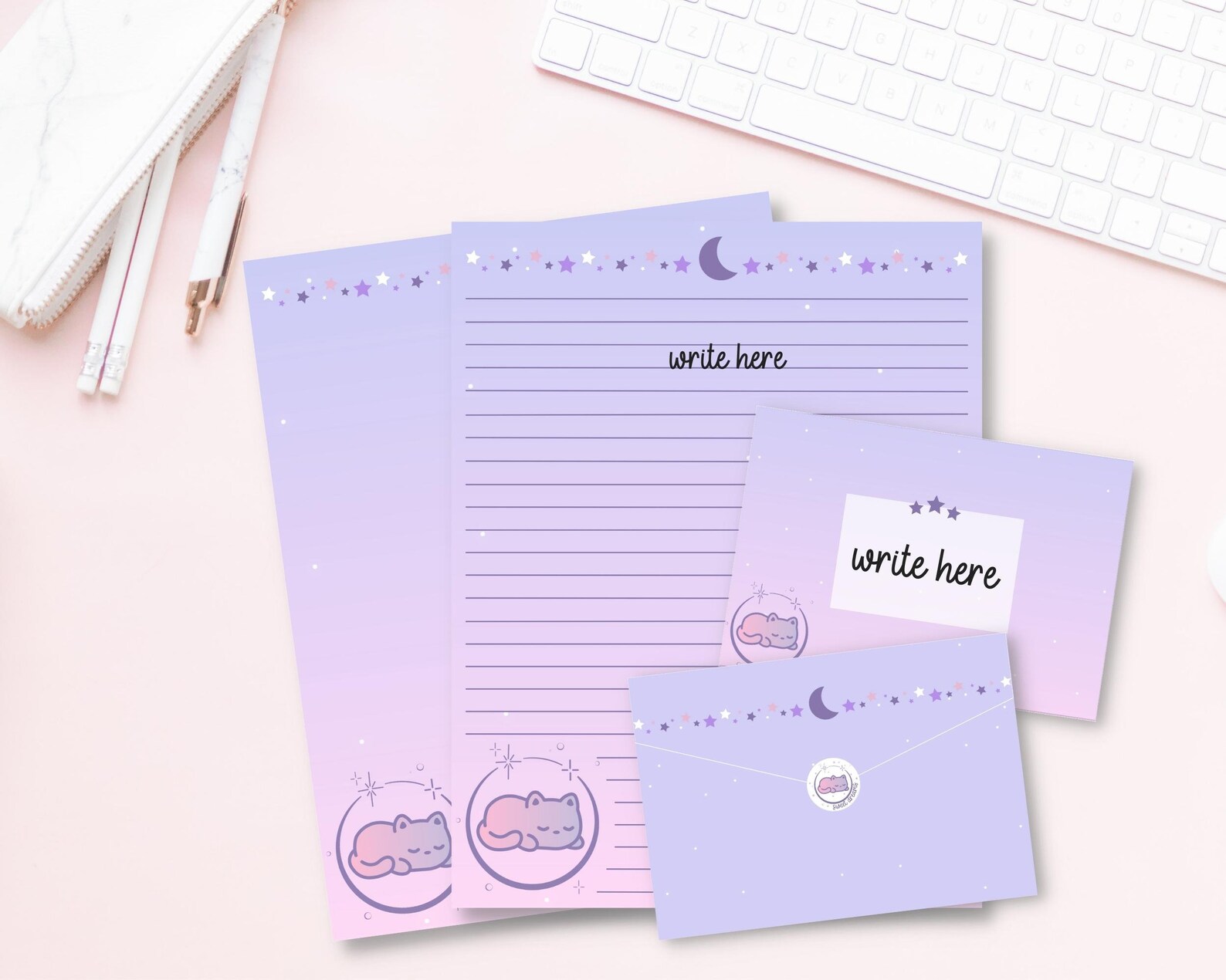 Cute Cat Stationery Bundle Printable, Cat Stationary, Kawaii Stationary ...