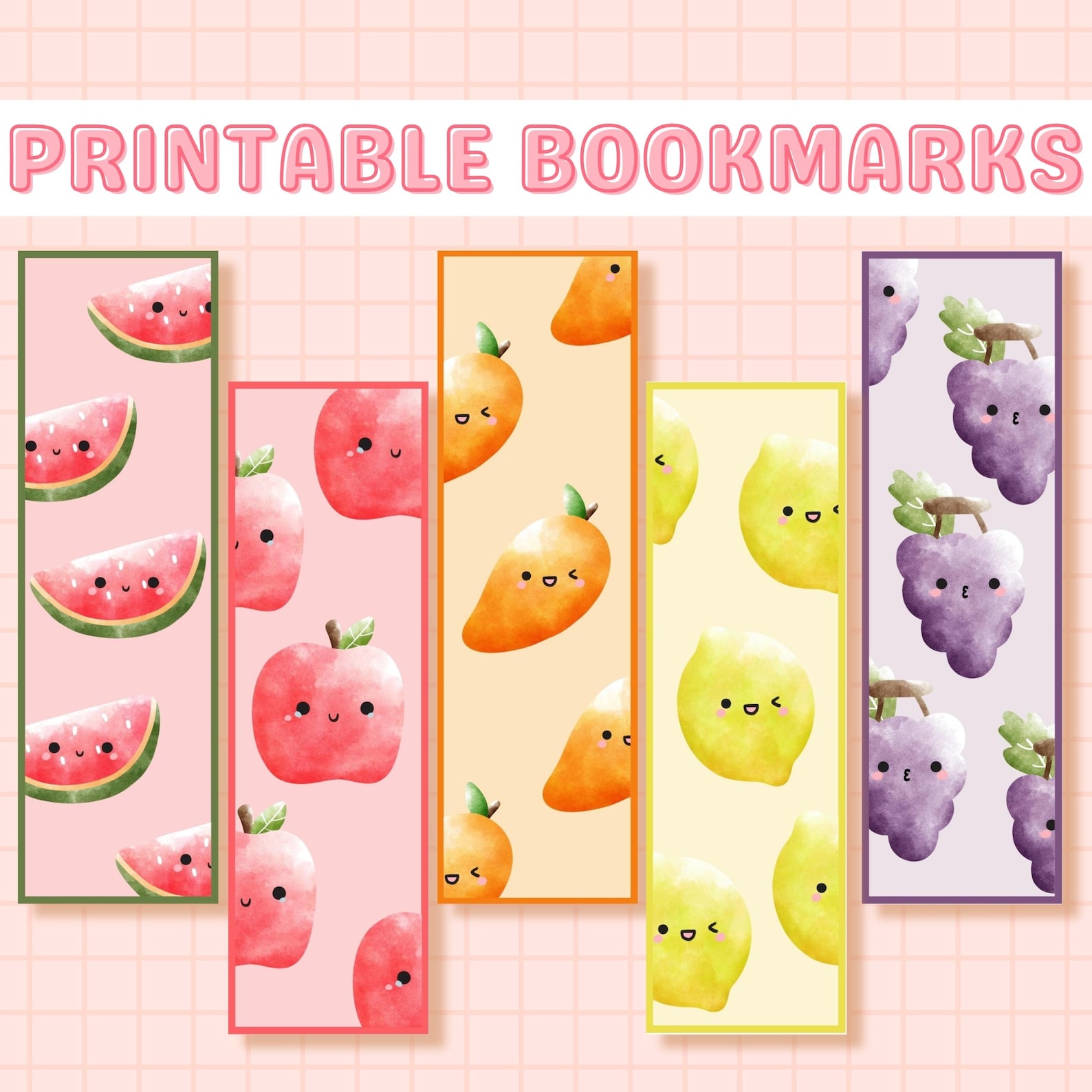 Kawaii Printable Bookmarks, 5 Fruits Bookmarks Digital Download, Kawaii ...
