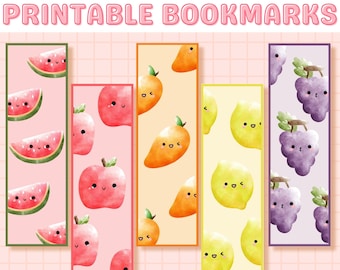 Kawaii Printable Bookmarks, 5 Fruits Bookmarks Digital Download, Kawaii ...
