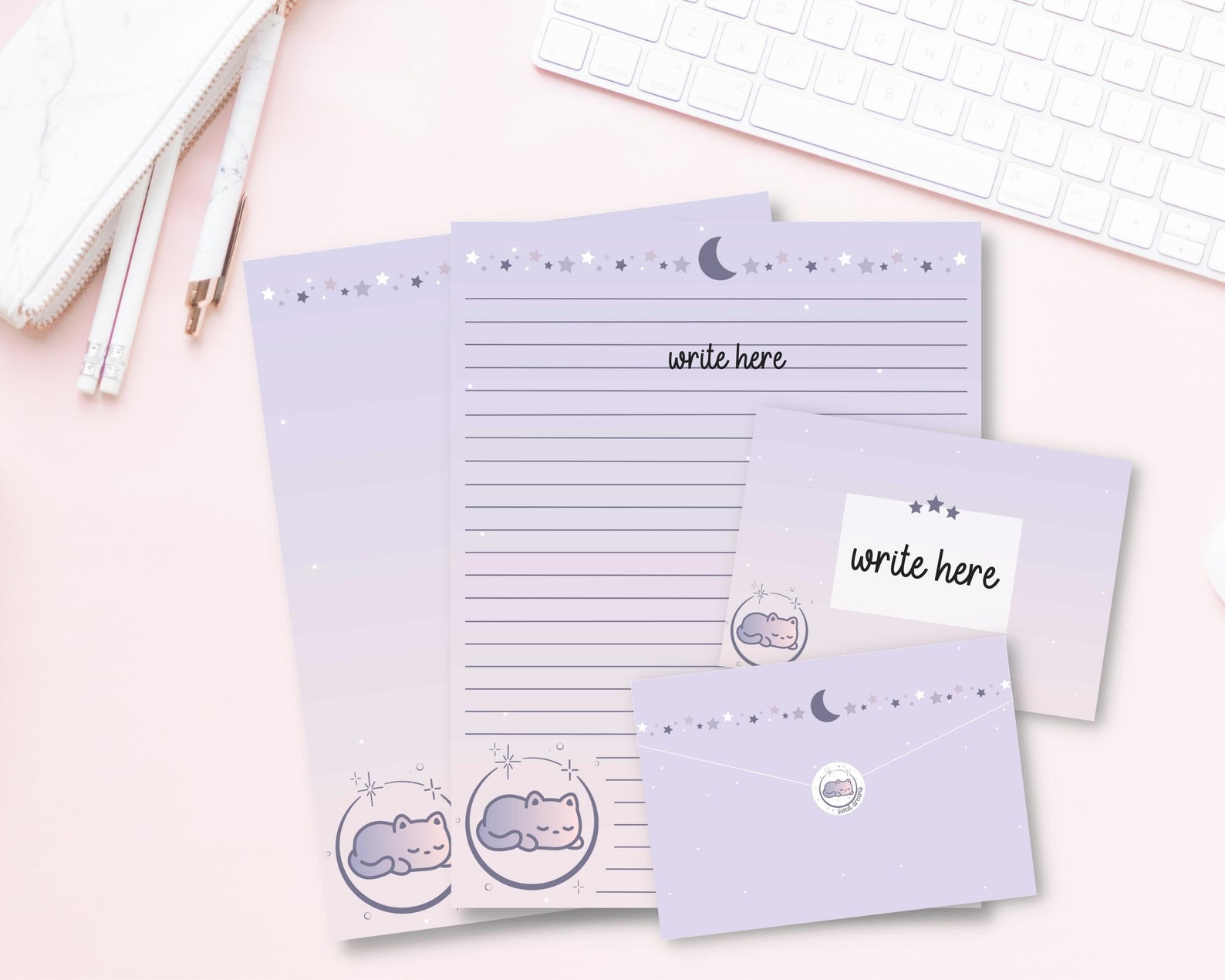 Cute Cat Stationery Bundle Printable, Cat Stationary, Kawaii Stationary ...