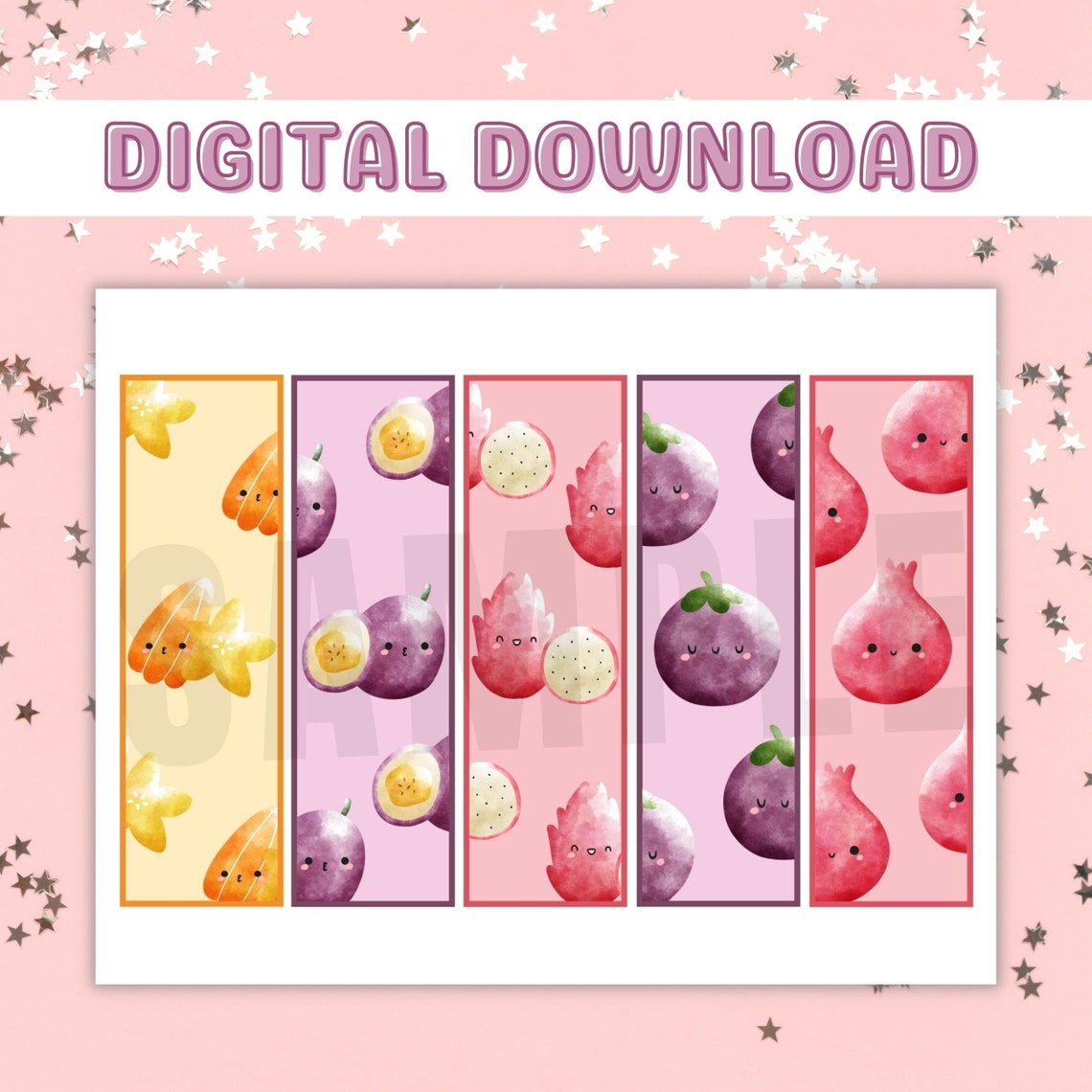 Printable Kawaii Bookmarks, 5 Fruits Bookmark Designs Digital Download ...