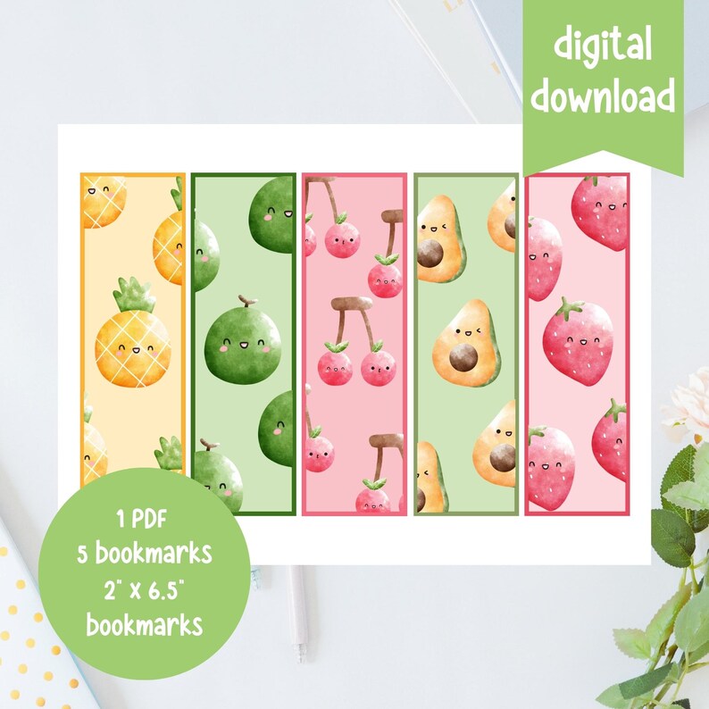 Kawaii Printable Bookmarks 5 Fruits Bookmarks Digital - Etsy