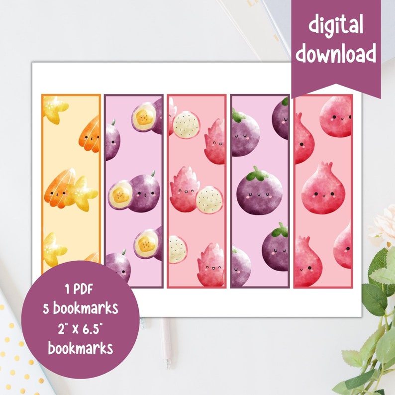 Printable Kawaii Bookmarks 5 Fruits Bookmark Designs Digital - Etsy