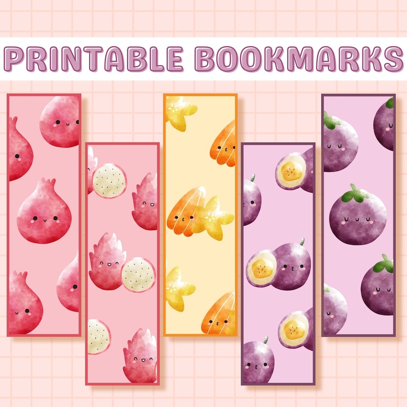 Printable Kawaii Bookmarks, 5 Fruits Bookmark Designs Digital Download ...