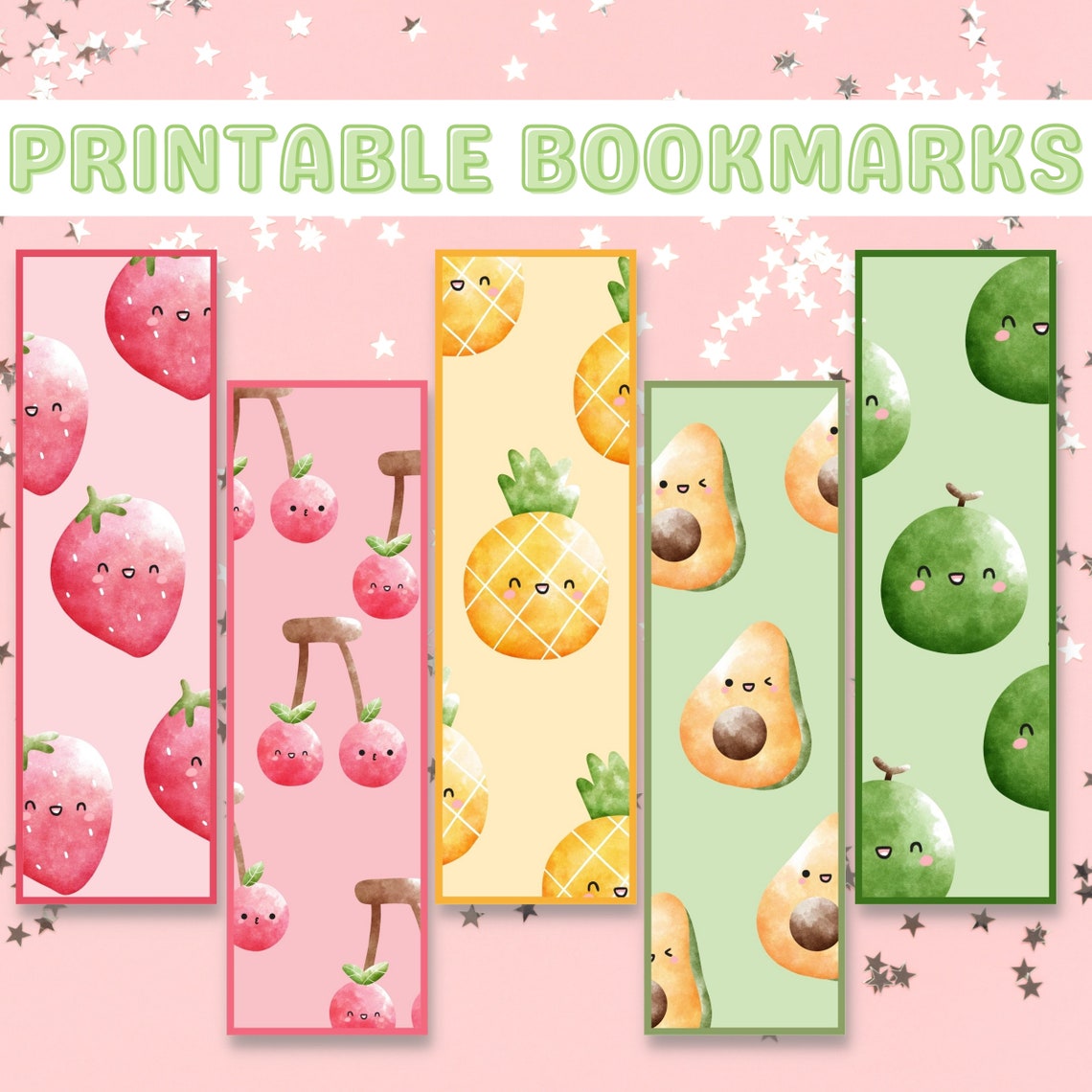 Kawaii Printable Bookmarks, 5 Fruits Bookmarks Digital Download, Kawaii ...