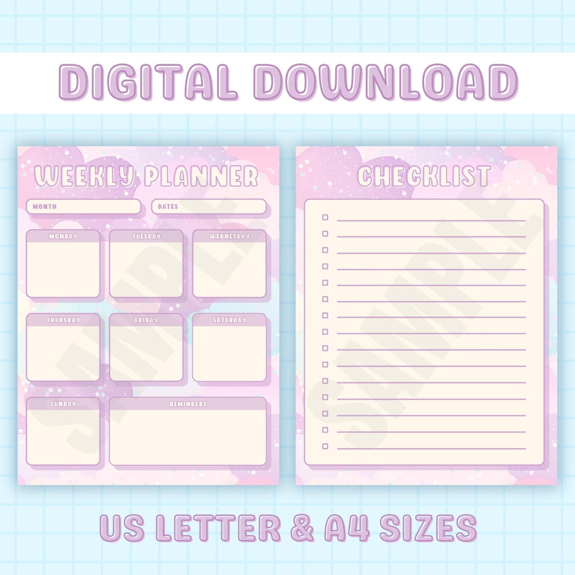 Purple Clouds Weekly Planner With Checklist, Stationery Printable ...