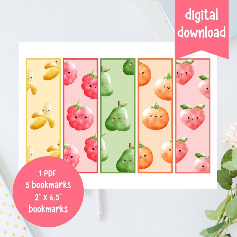 Kawaii Printable Fruits Bookmarks 5 Bookmarks Digital - Etsy