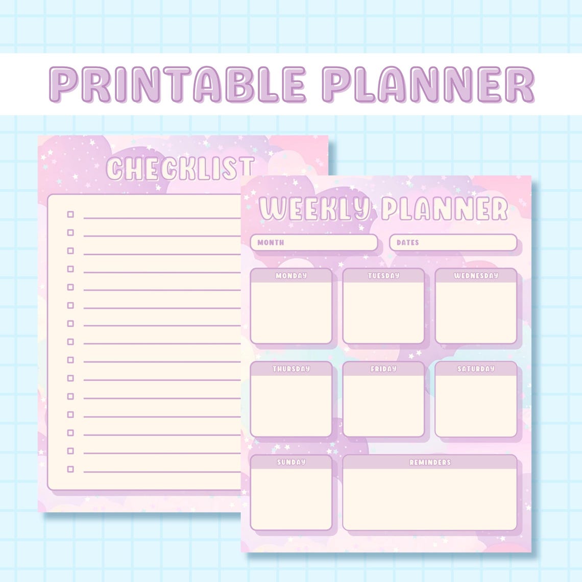 Purple Clouds Weekly Planner With Checklist, Stationery Printable ...