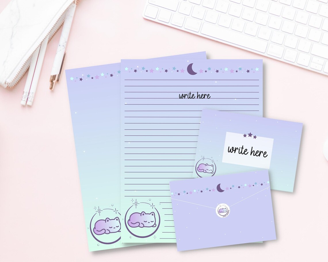 Cute Cat Stationery Bundle Printable, Cat Stationary, Kawaii Stationary ...