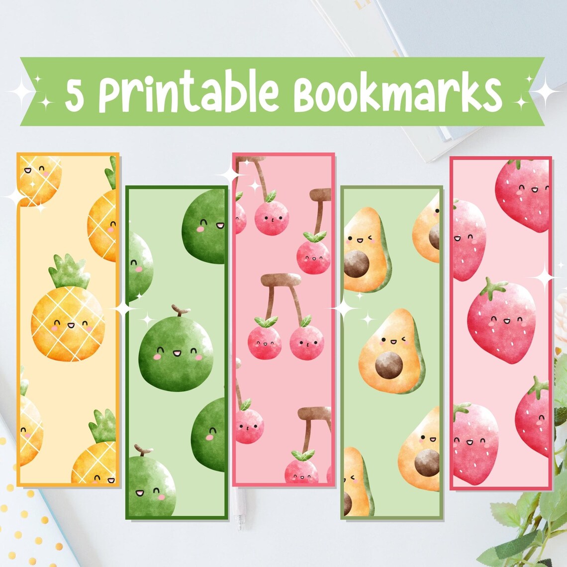 Kawaii Printable Bookmarks 5 Fruits Bookmarks Digital - Etsy